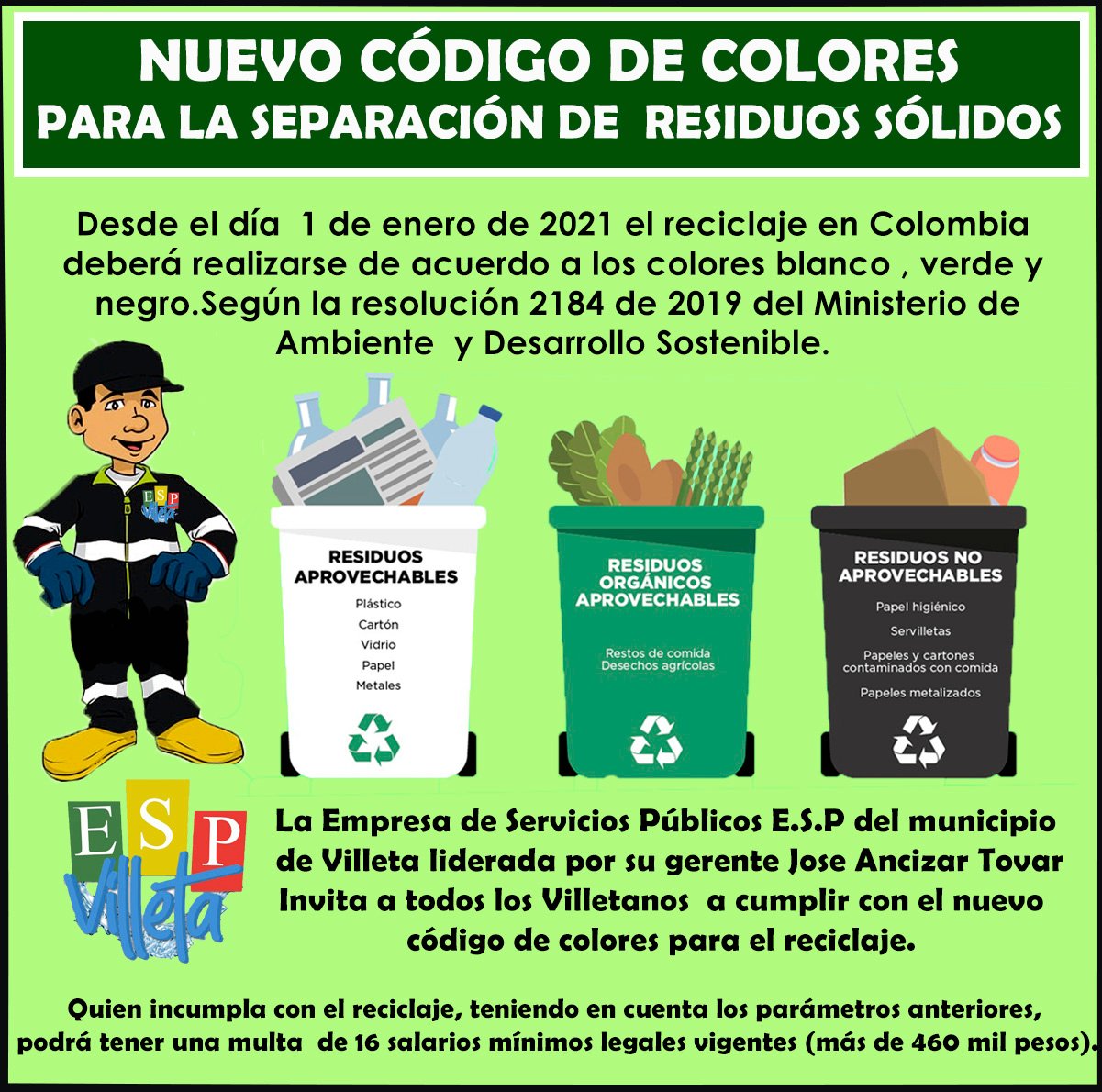 Nuevo código de colores para el reciclaje. – E.S.P Villeta